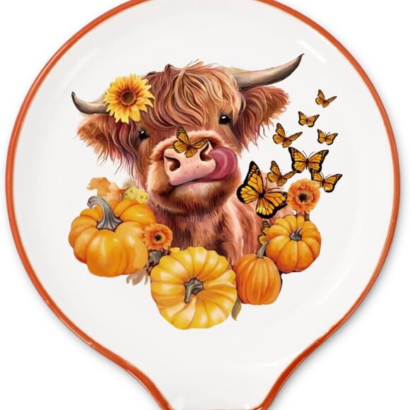 Other | 47inch Highland Cow Ceramic Spoon Rest Fall Pumpkin Butterfly ...